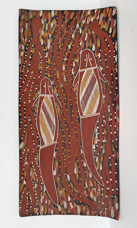 Aboriginal bark painting | Catfish Dreaming AB8 49x22cm – Mitchell Fine Art
